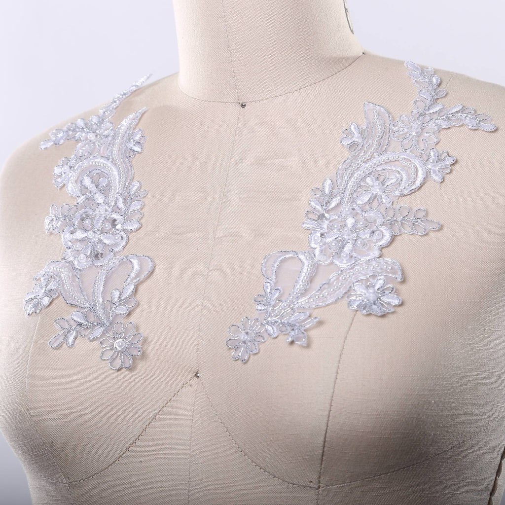 2 Pieces Shimmery Silver/Gray or White/Silver Pearl Details Lace Appli ...